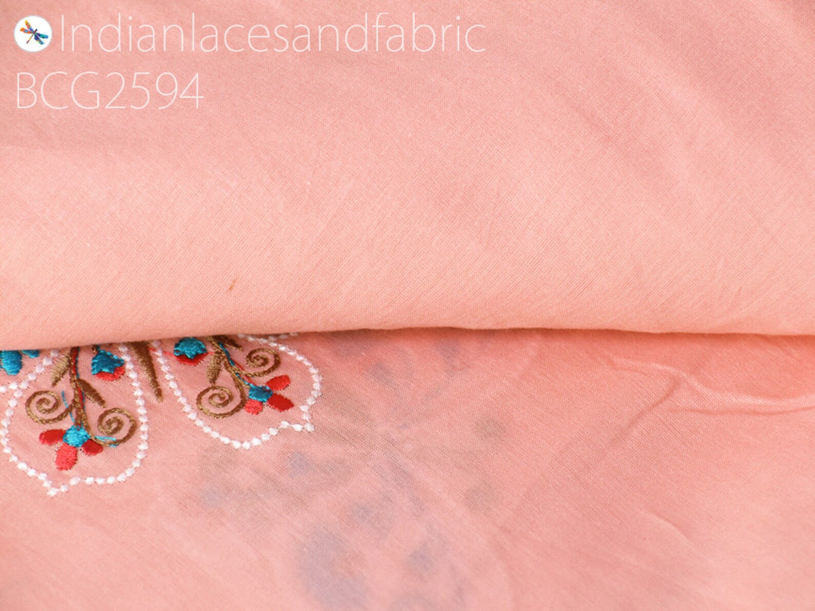 Salmon Indian Embroidered Cotton Fabric by the Yard Embroidery - Etsy