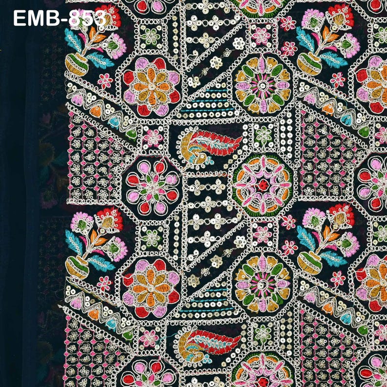 Blue Indian Embroidery Fabric by the Yard Embroidered Georgette Sewing ...