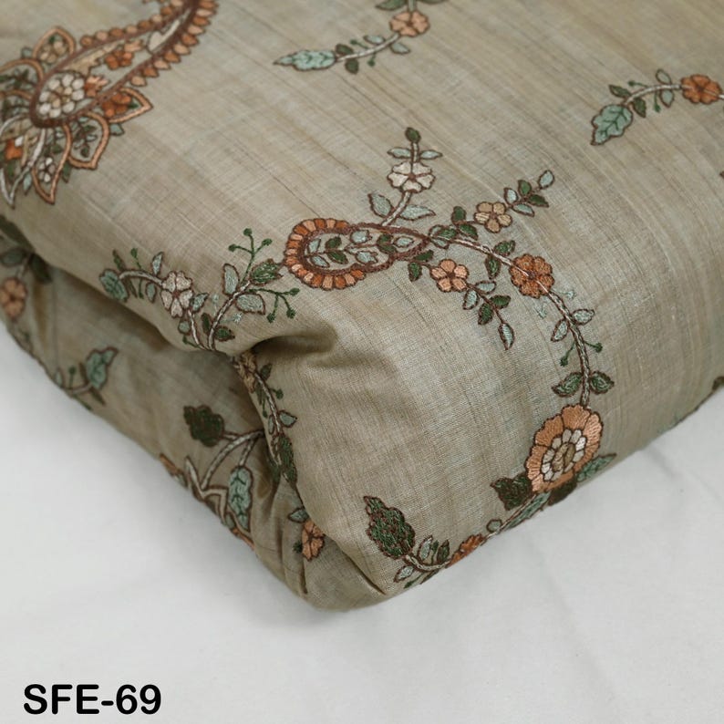 Pure Tussar Silk Embroidered Fabric by Yard Indian Embroidery Raw Silk ...