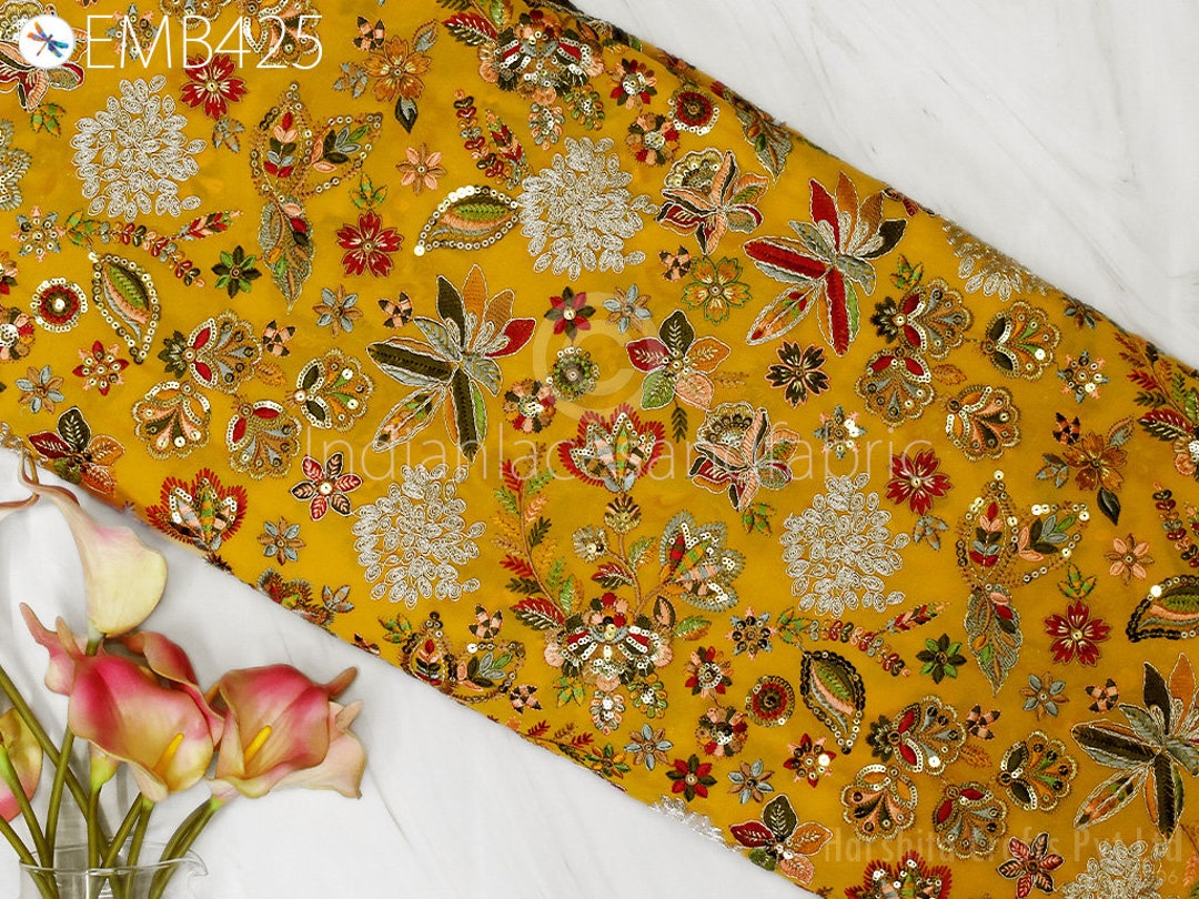 Buy Yellow Embroidered Georgette Fabric by Yard Indian Embroidery ...