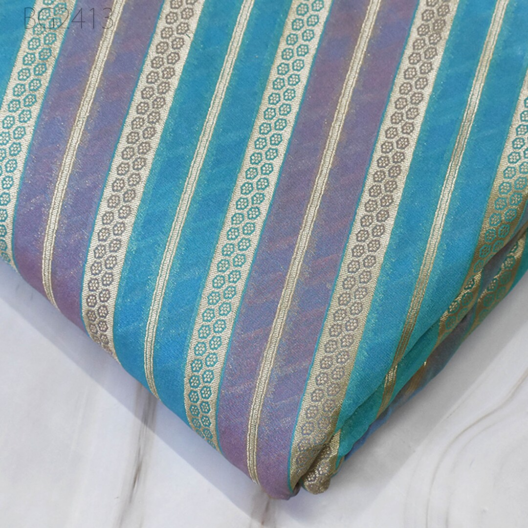 Blue Indian Brocade by the Yard Diagonal Stripes Banarasi Benarse ...
