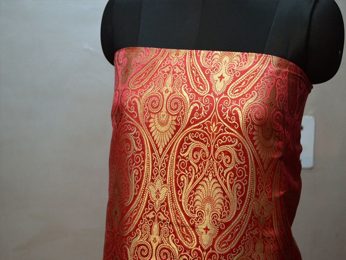 Coral Red Brocade Fabric by the Yard Benarse Brocade Indian - Etsy