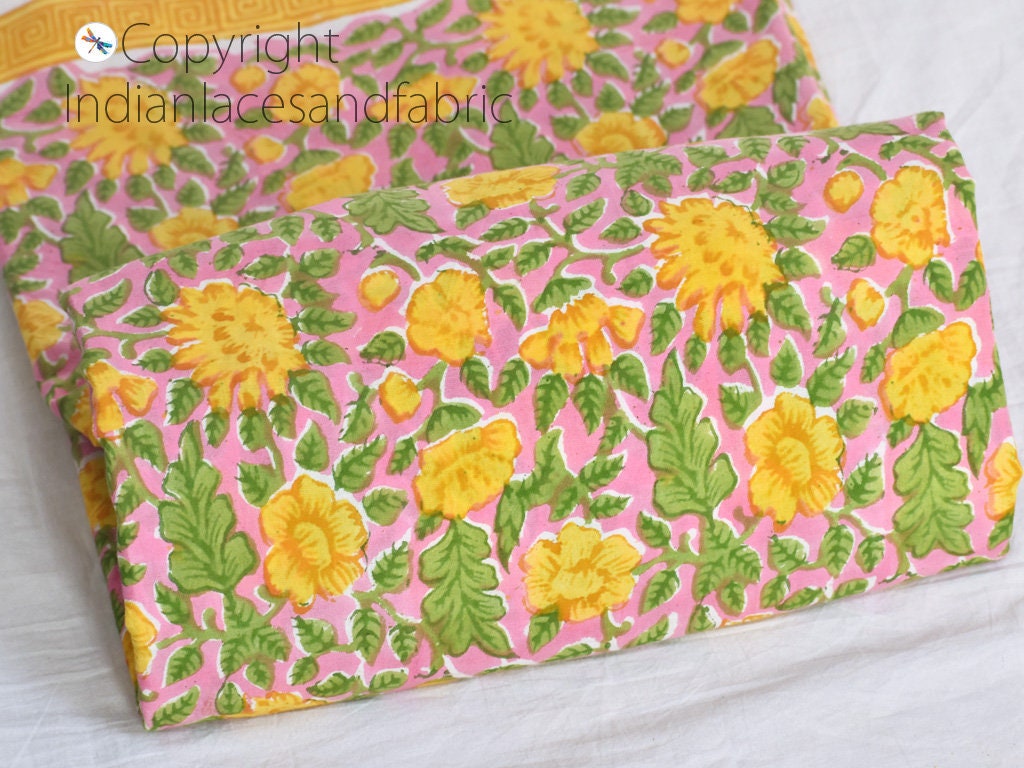 Yellow Indian Sewing Soft Cotton Fabric By The Yard Hand Block | Etsy