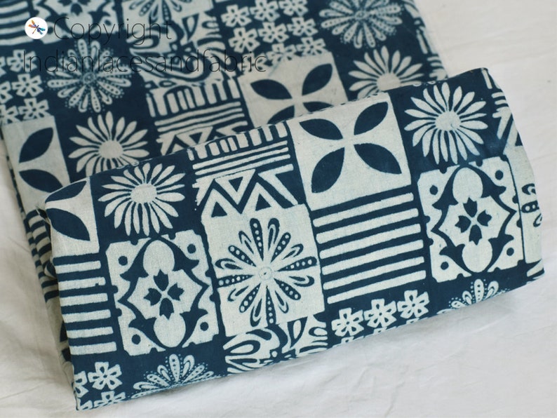 Indian Indigo Blue Block Printed Soft Cotton Fabric by the Yard Women ...