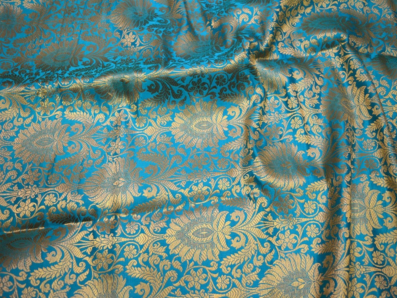 Indian Turquoise Brocade Banarasi Fabric by the Yard Banaras | Etsy