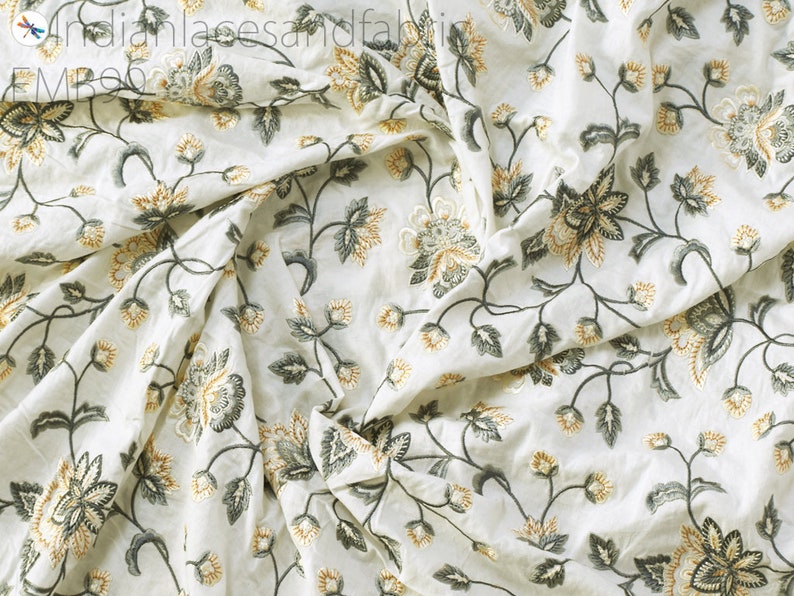 Grey Embroidered Fabric Indian Embroidery Cotton Fabric by the - Etsy