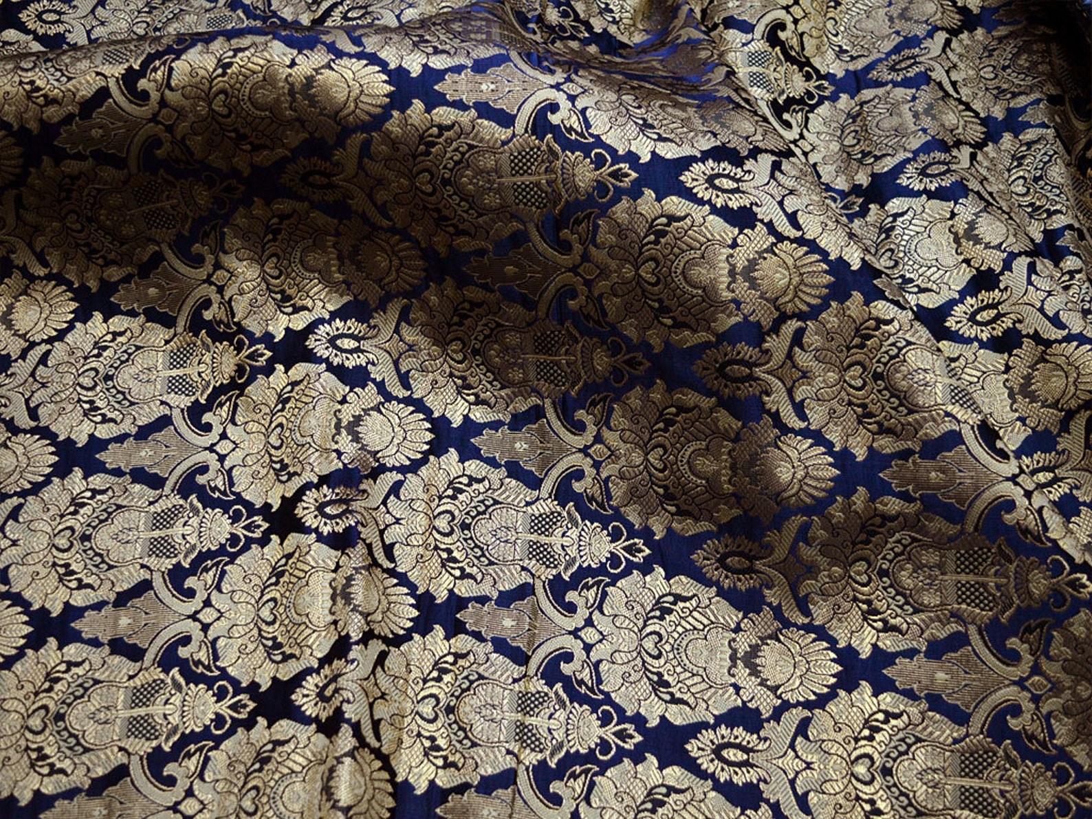 Crafting Navy Blue Brocade Fabric by the Yard Jacket Banarasi | Etsy