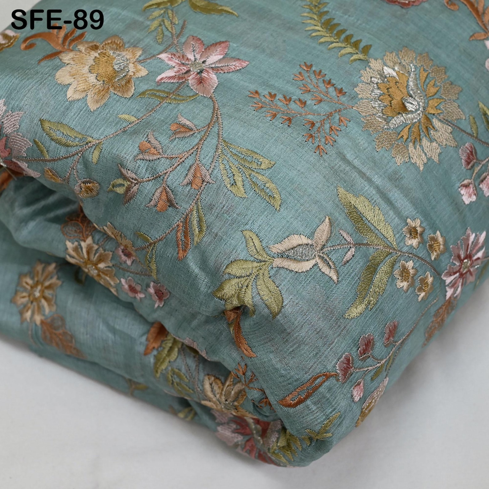 Pure Tussar Silk Embroidered Fabric by Yard Indian Dusty Mint ...