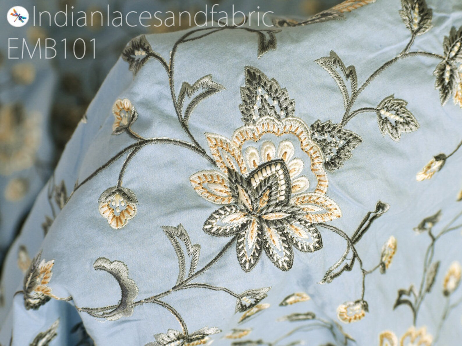 Blue Embroidered Fabric Indian Embroidery Cotton Fabric by the - Etsy