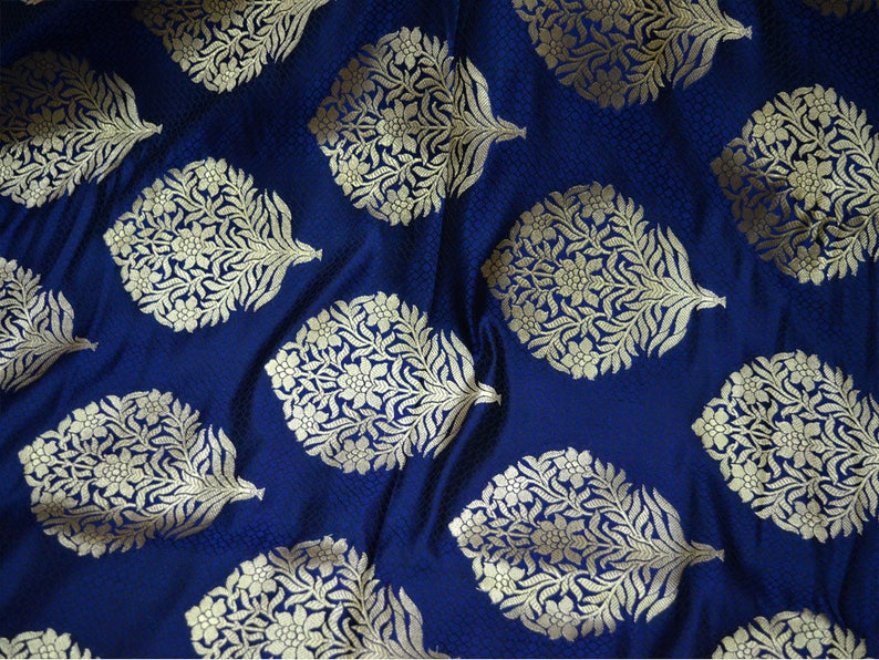 Blue Gold Brocade Banarasi Brocade Fabric by the Yard Banaras - Etsy