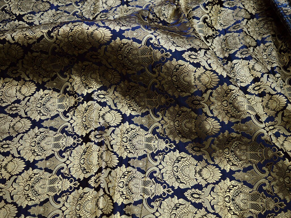 Crafting Navy Blue Brocade Fabric by the Yard Jacket Banarasi | Etsy