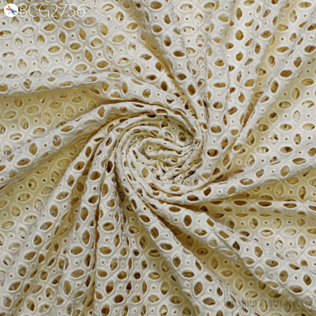 Indian Ivory Cotton Hakoba Fabrics, Embroidered Eyelet Fabric by the ...