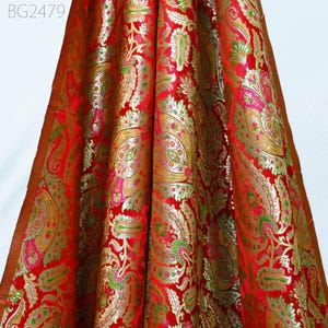 Red Brocade Fabric by the Yard Historic Costume Indian Banarasi Wedding ...