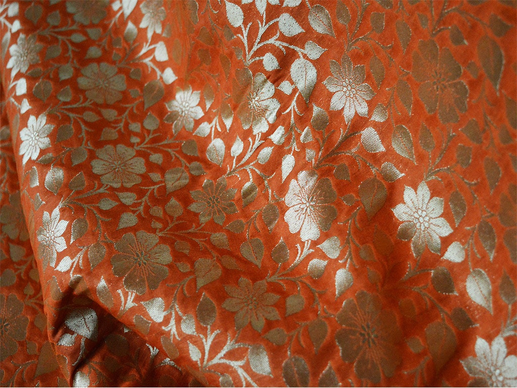 Brocade Fabric in Orange and Gold Banarasi Fabric Wedding - Etsy