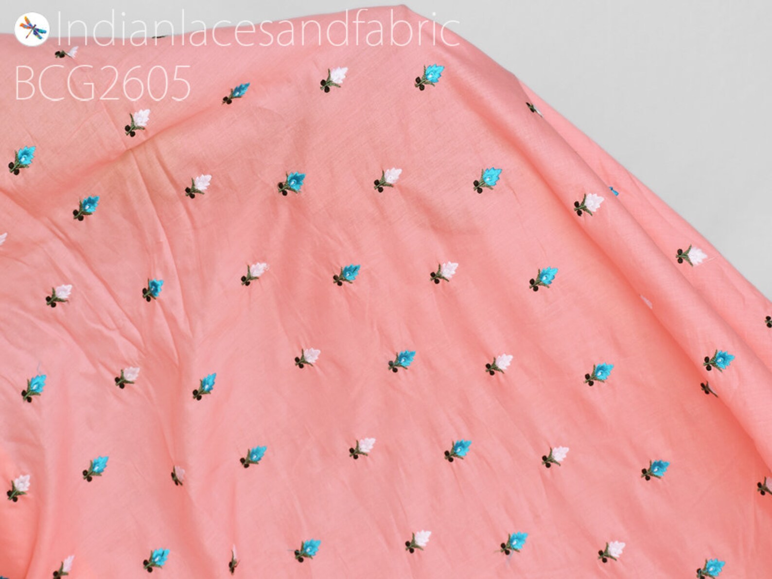 Indian Salmon Embroidered Cotton Fabric by the Yard Embroidery - Etsy India