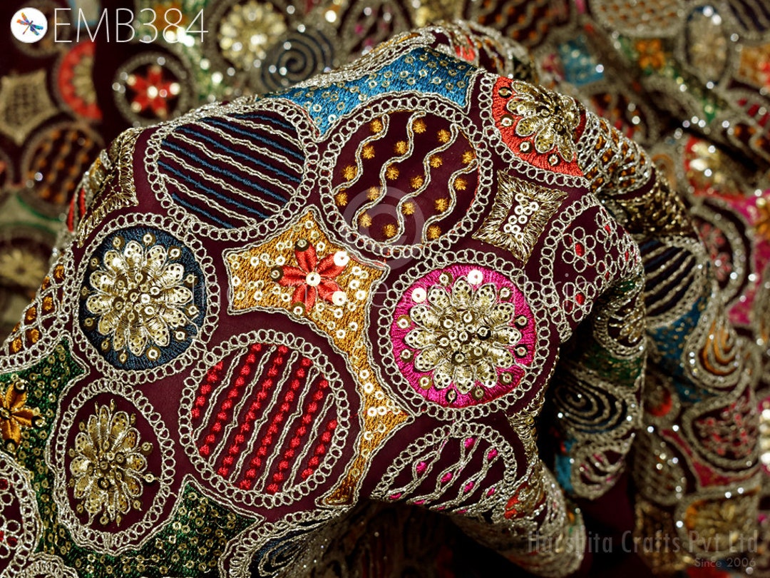 Indian Embroidered Fabric by Yard Georgette Wine Embroidery - Etsy