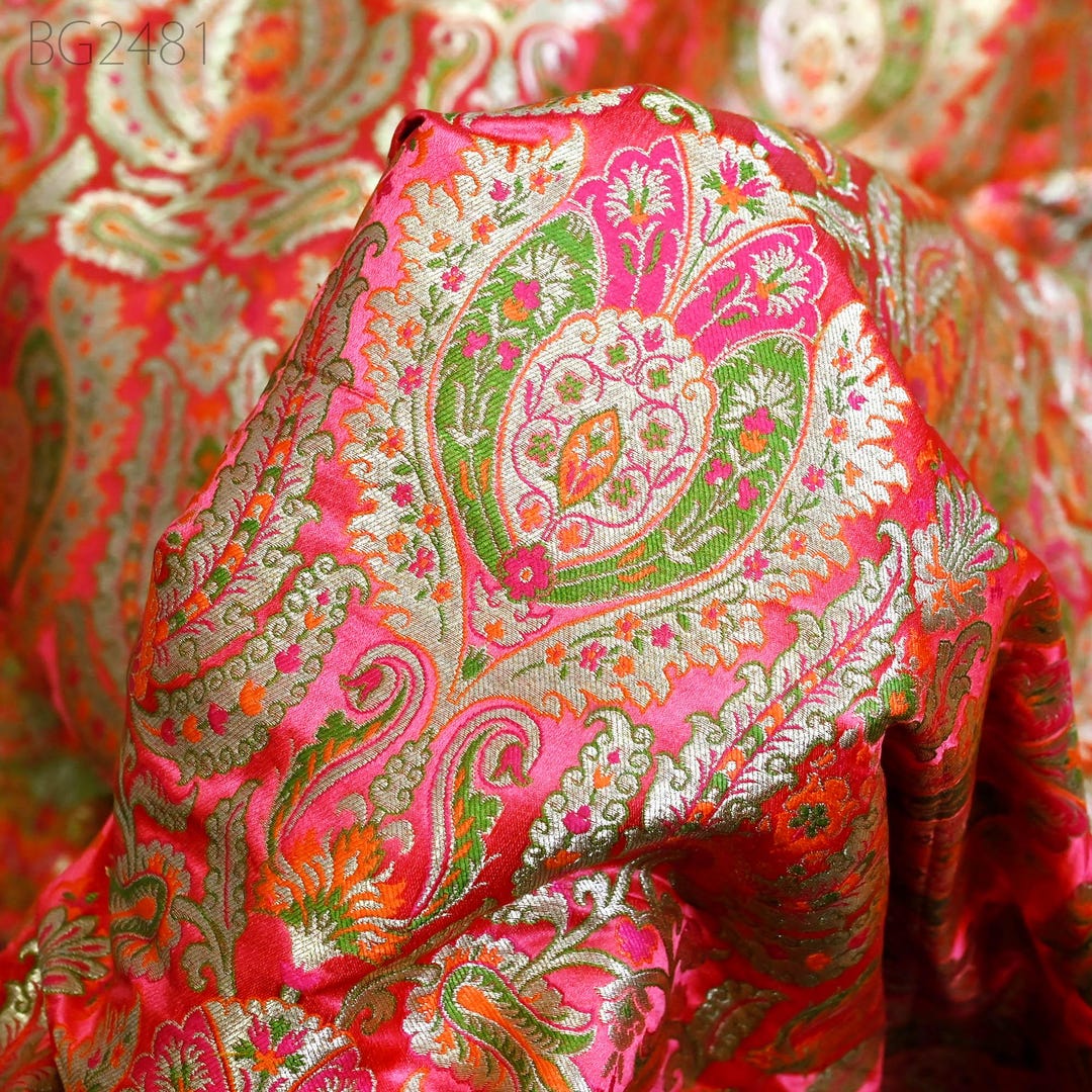 Red Brocade Fabric by the Yard Historic Costume Indian Banarasi Wedding ...