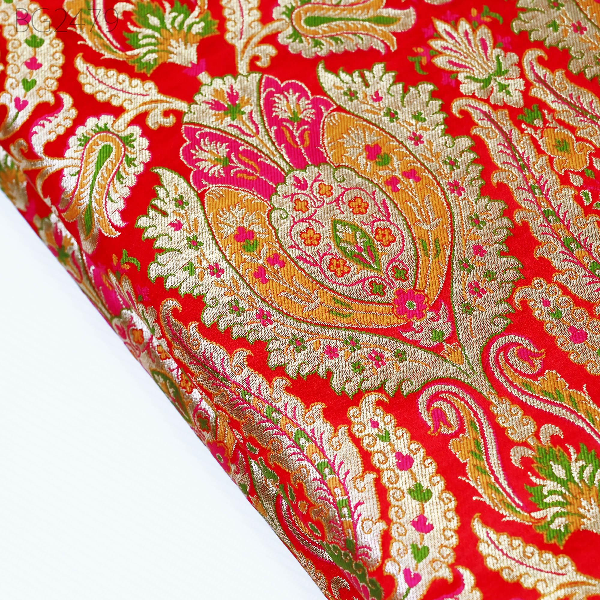 Red Brocade Fabric by the Yard Historic Costume Indian Banarasi Wedding ...