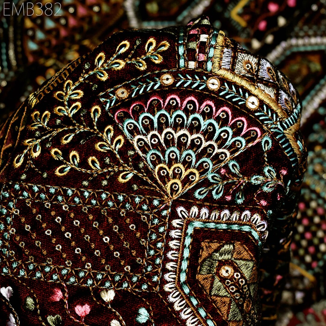 Maroon Indian Embroidered Velvet Fabric by the Yard Sewing DIY Crafting ...