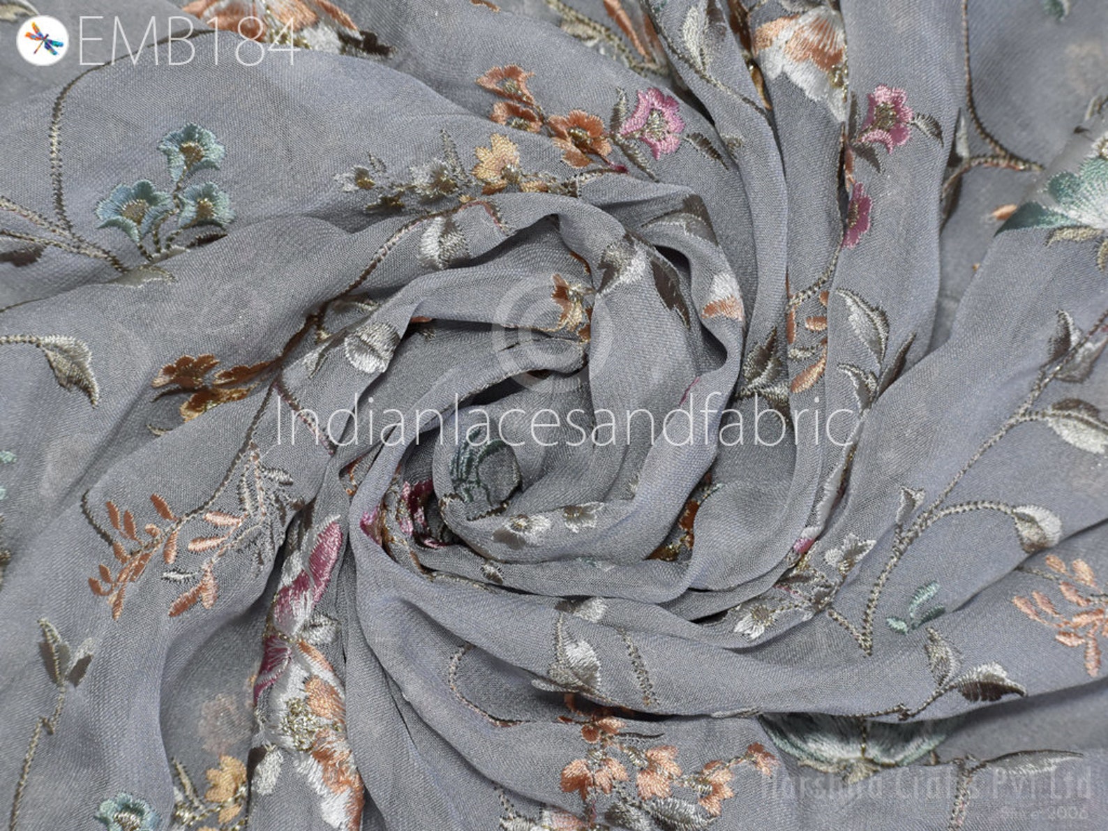 Grey Indian Embroidered Fabric by the Yard Georgette - Etsy