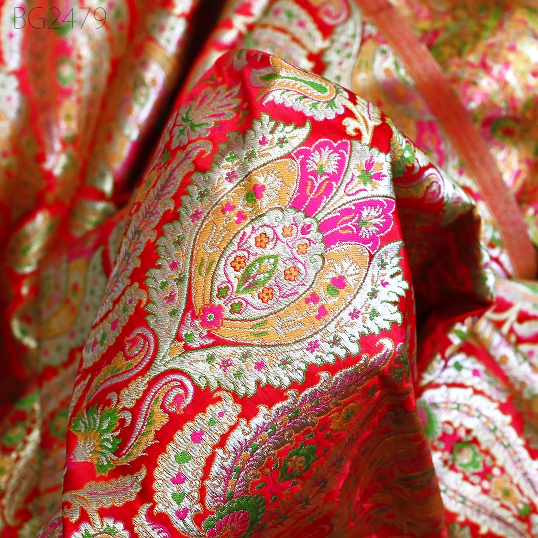 Red Brocade Fabric by the Yard Historic Costume Indian Banarasi Wedding ...