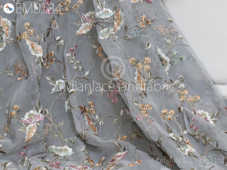Grey Indian Embroidered Fabric by the Yard Georgette - Etsy
