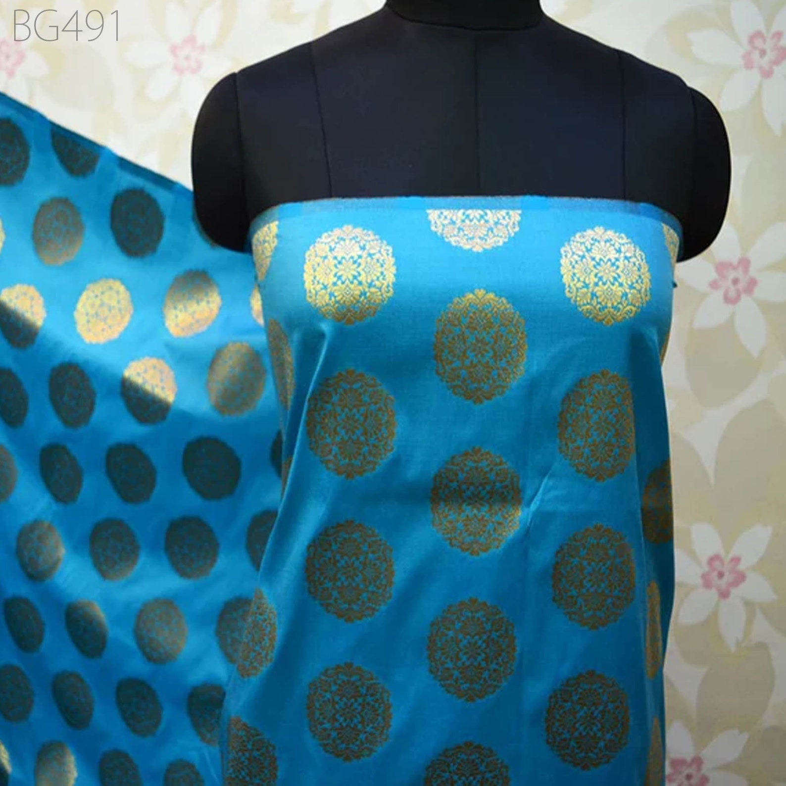 Turquoise Brocade by the Yard Fabric Wedding Dresses Banarasi Fabric ...