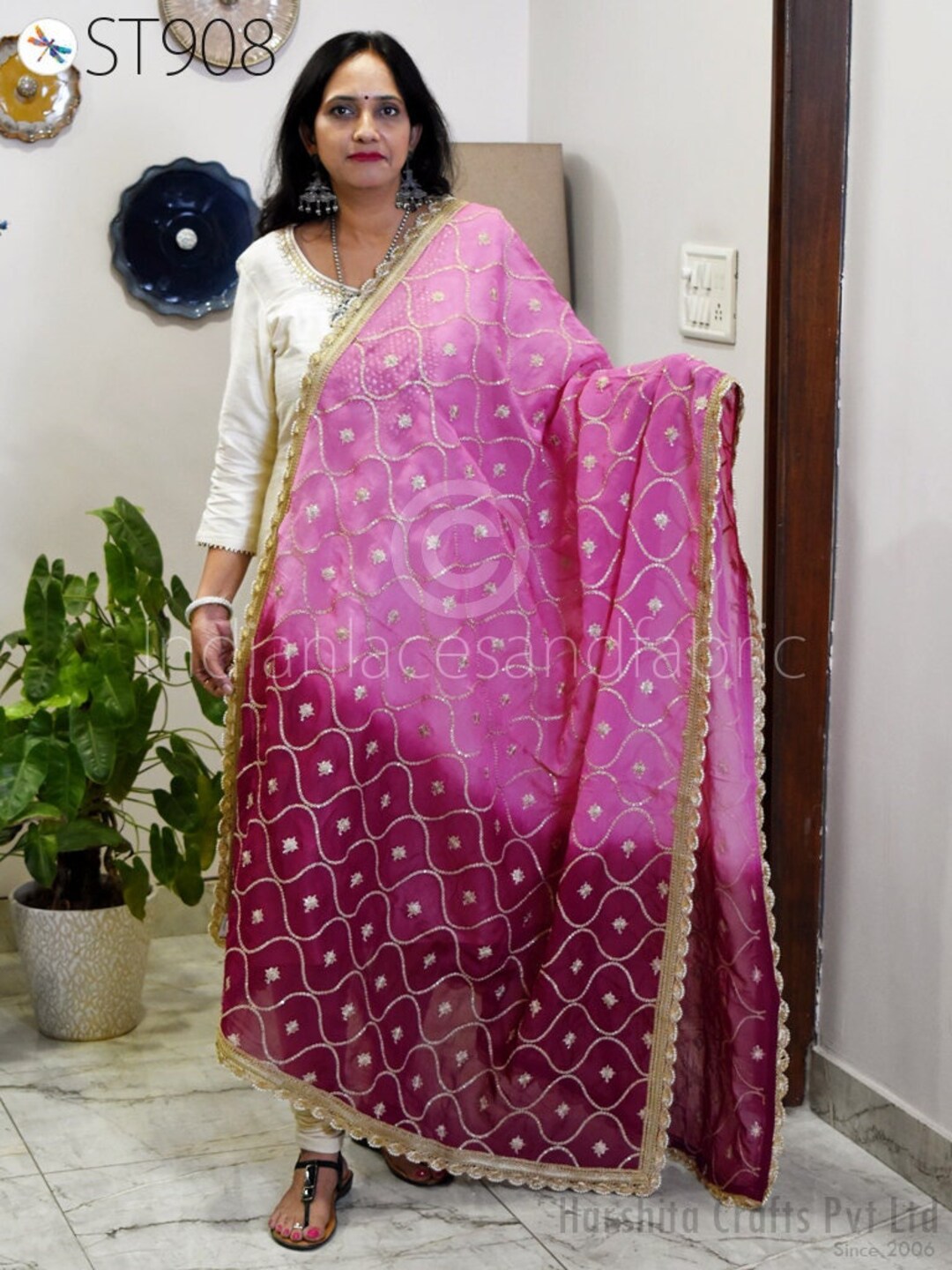 Onion Pink Organza Dupatta Embroidered Indian Bridal Wedding Lehenga ...