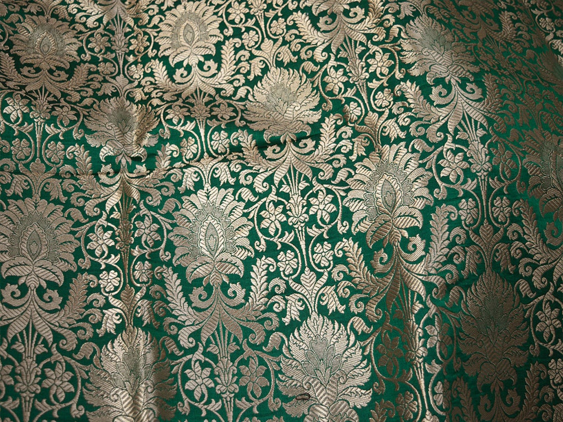 Indian Green Gold Brocade Fabric by the Yard Banarasi Lehenga | Etsy