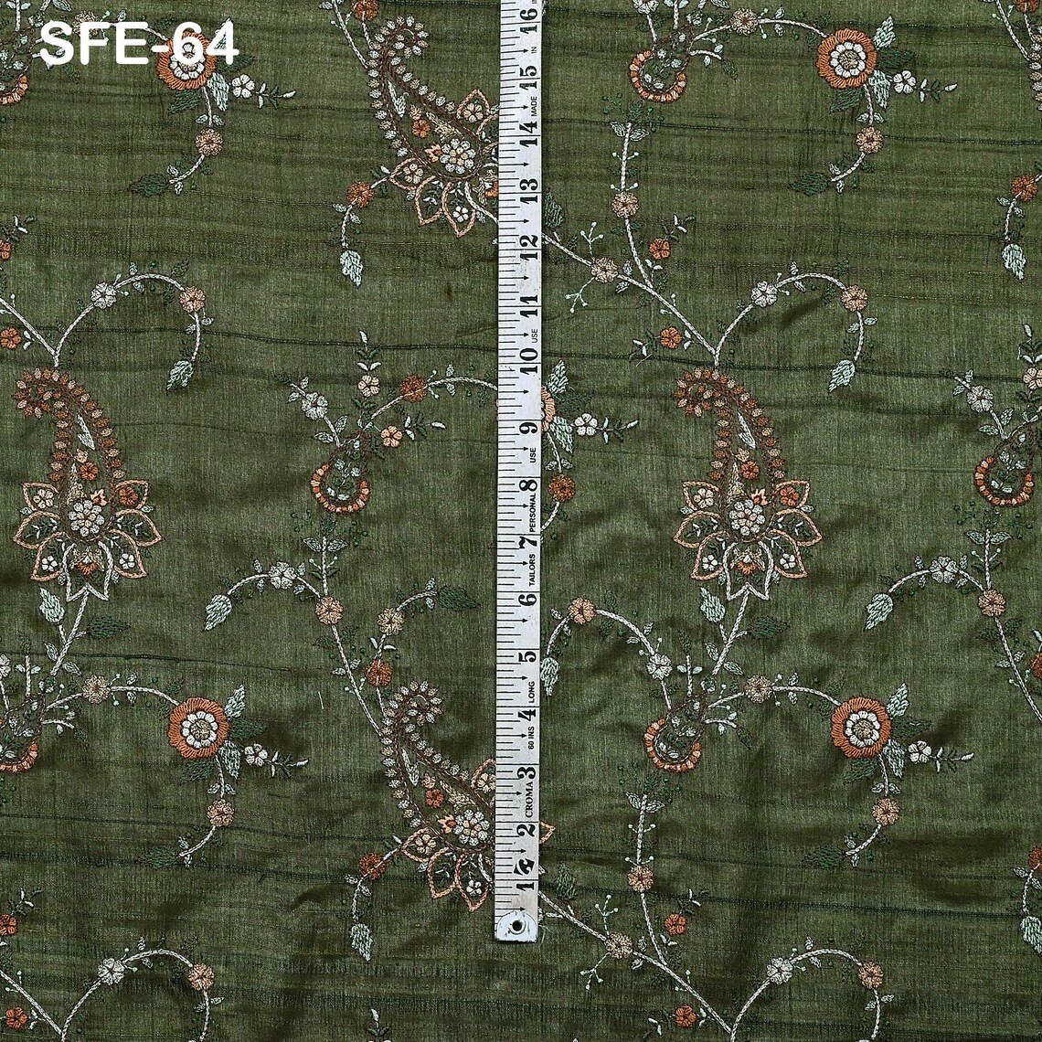 Pure Tussar Silk Embroidered Fabric by Yard Indian Green Embroidery Raw ...