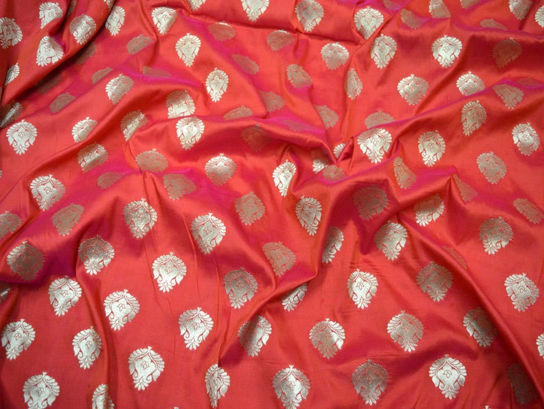 Orange Brocade Fabric by the Yard Indian Fabric Banaras - Etsy