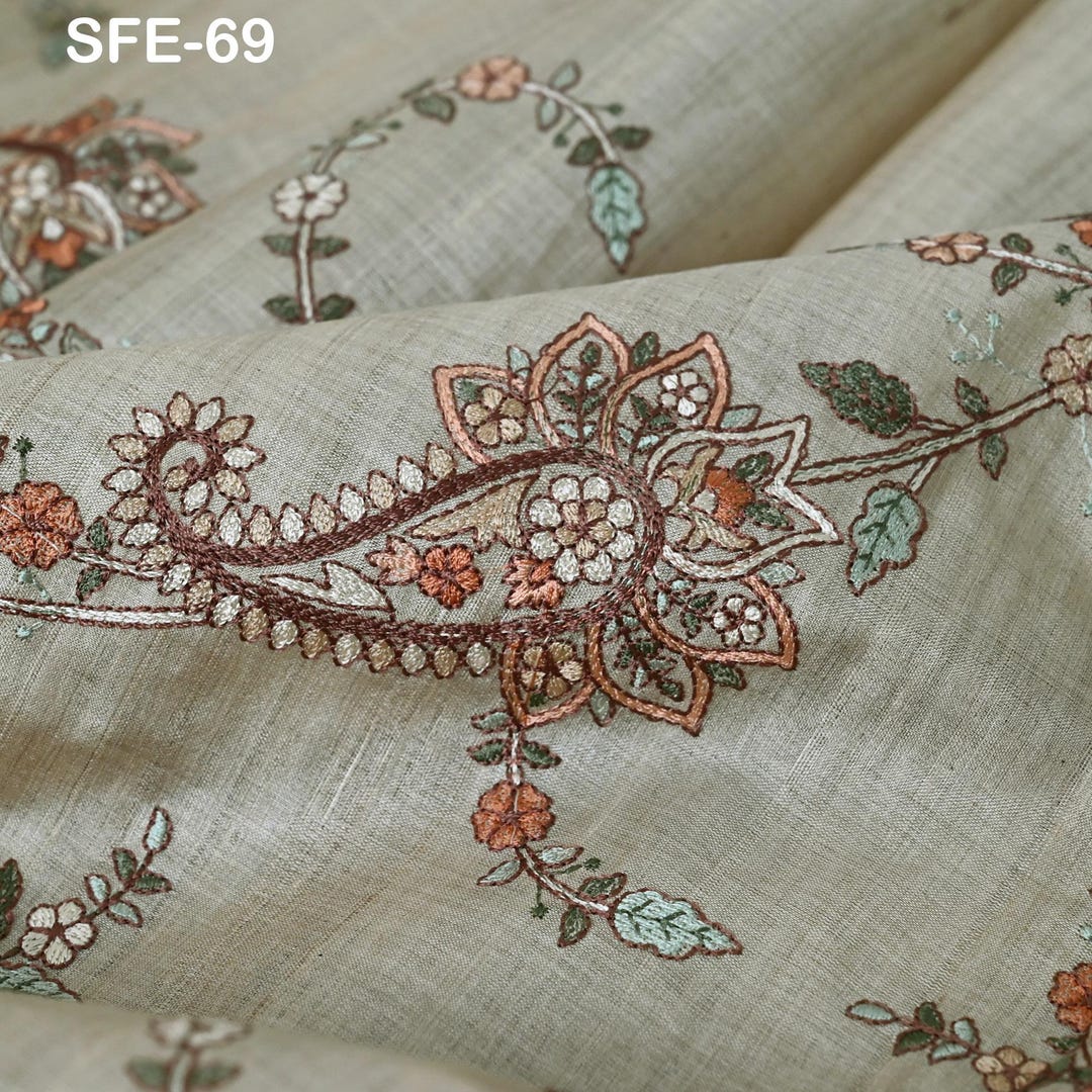 Pure Tussar Silk Embroidered Fabric by Yard Indian Embroidery Raw Silk ...