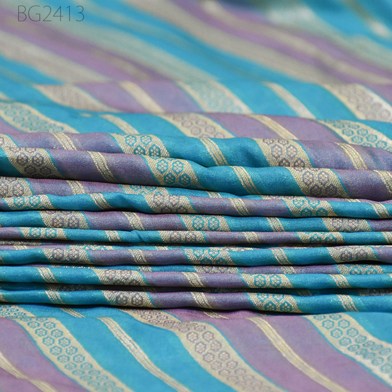 Blue Indian Brocade by the Yard Diagonal Stripes Banarasi Benarse ...