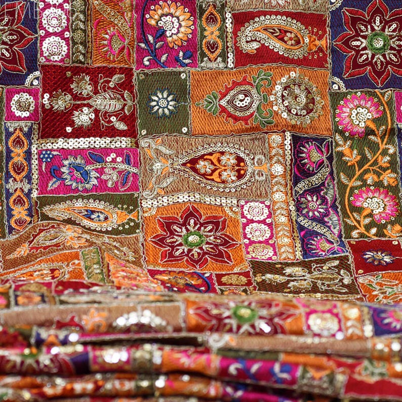 54" Maroon Indian Embroidered Fabric by the Yard Georgette Embroidery ...