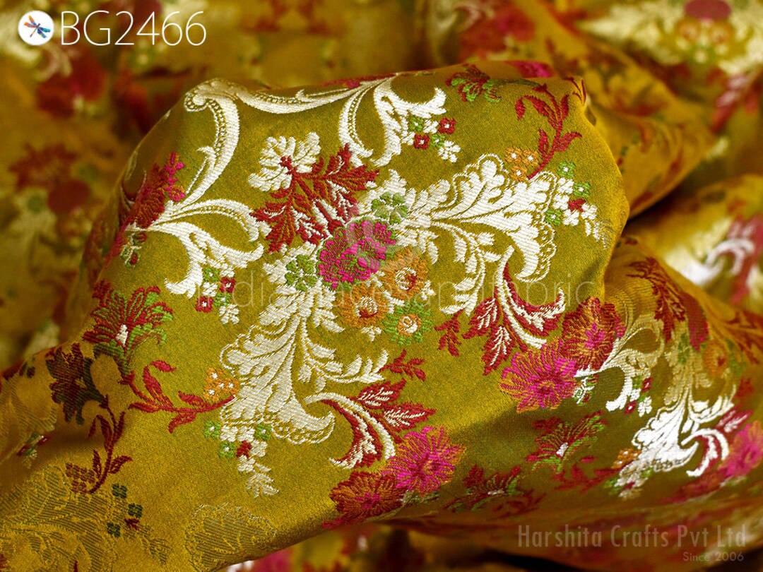 Yellow Brocade Fabric by the Yard Historic Costume Indian Banarasi ...