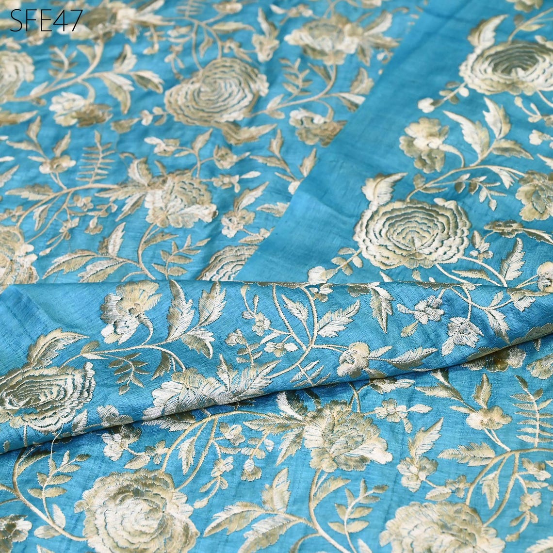 Pure Tussar Silk Embroidered Fabric by the Yard Indian Embroidery Raw ...