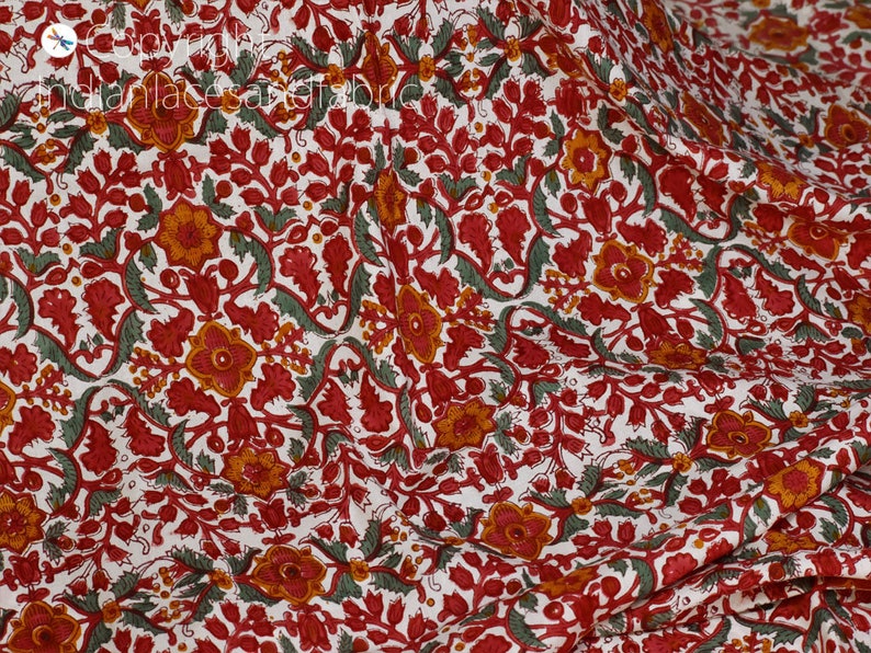 Red Floral Indian Hand Block Printed Cotton Fabric by the Yard - Etsy