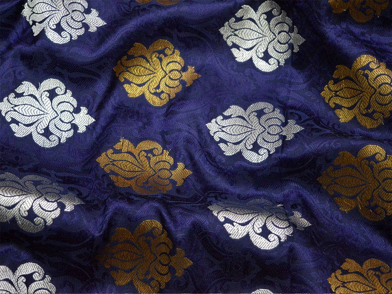 Indian Banarasi Navy Blue Brocade Fabric By The Yard Banaras Etsy