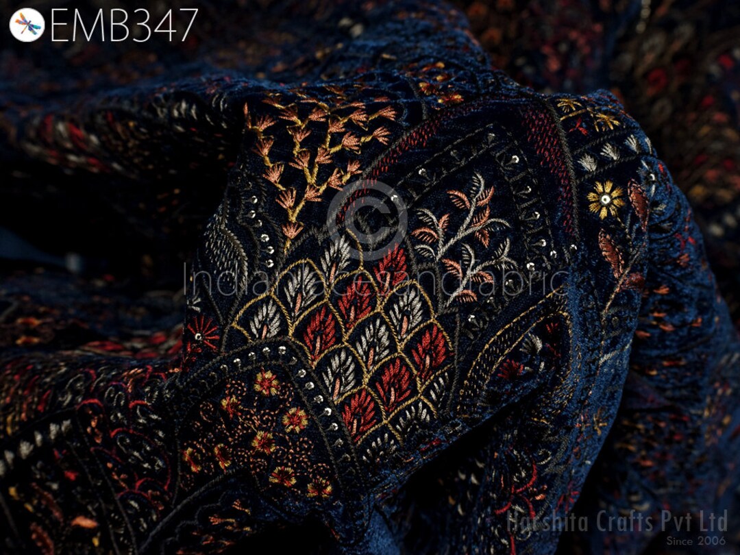 Blue Indian Embroidered Velvet Fabric by the Yard Sewing DIY Crafting ...