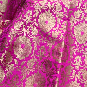 Magenta Gold Brocade by the Yard Banarasi Fabric Banaras Art Blended ...
