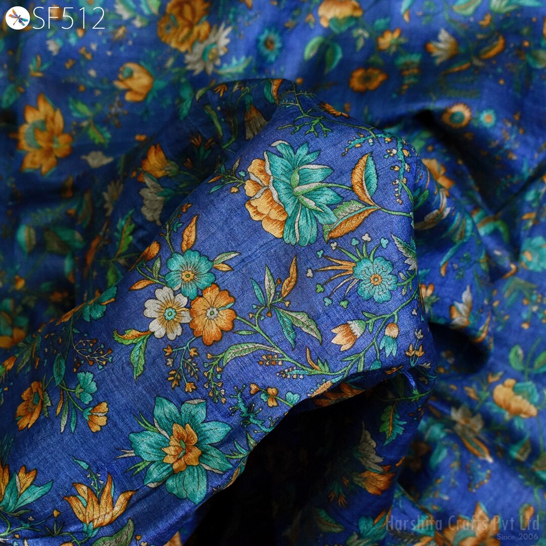 Blue Pure Printed Tussar Silk Fabric by the Yard Indian Printed Raw ...