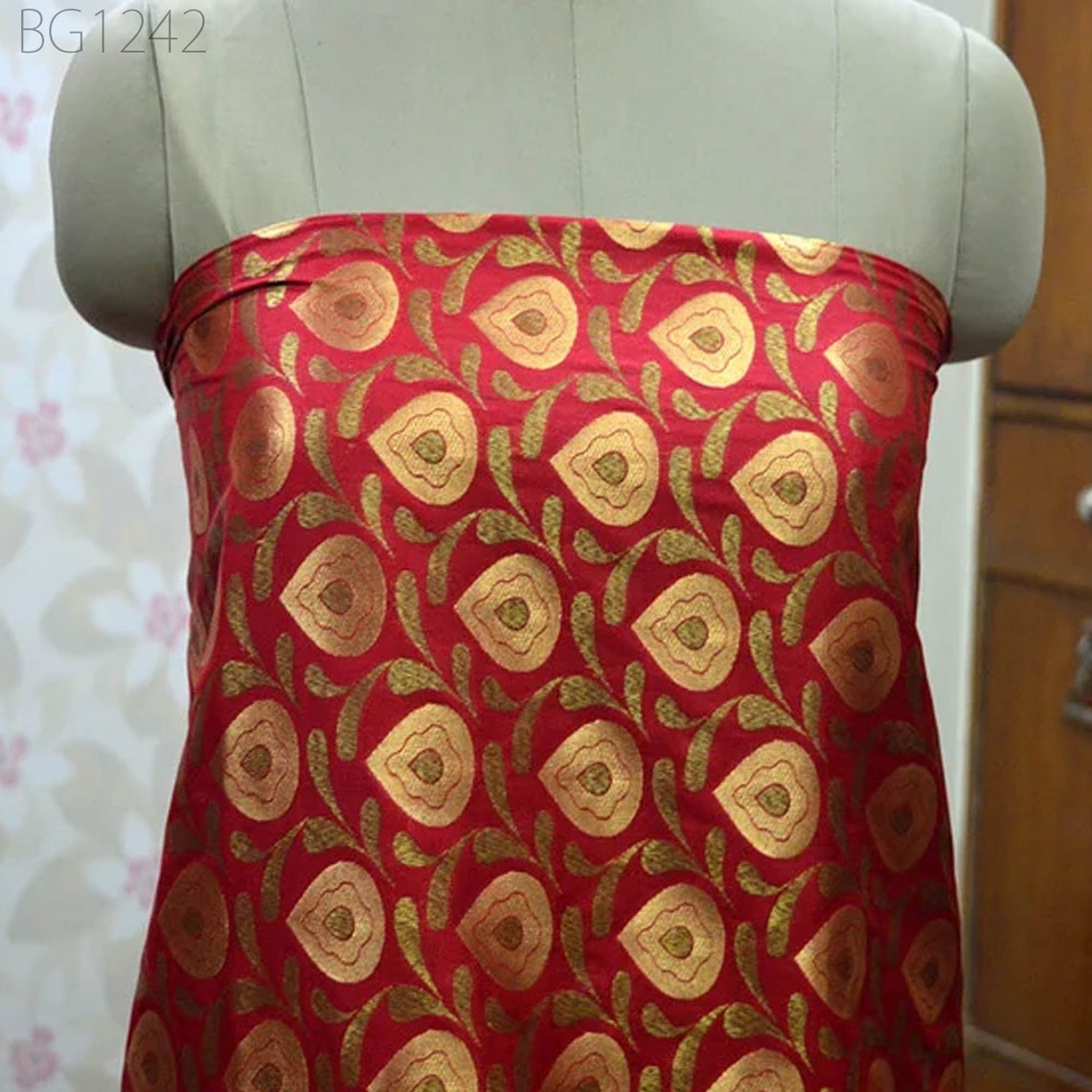 Red Brocade Fabric by the Yard Wedding Dress Banarasi Brocade Fabric ...