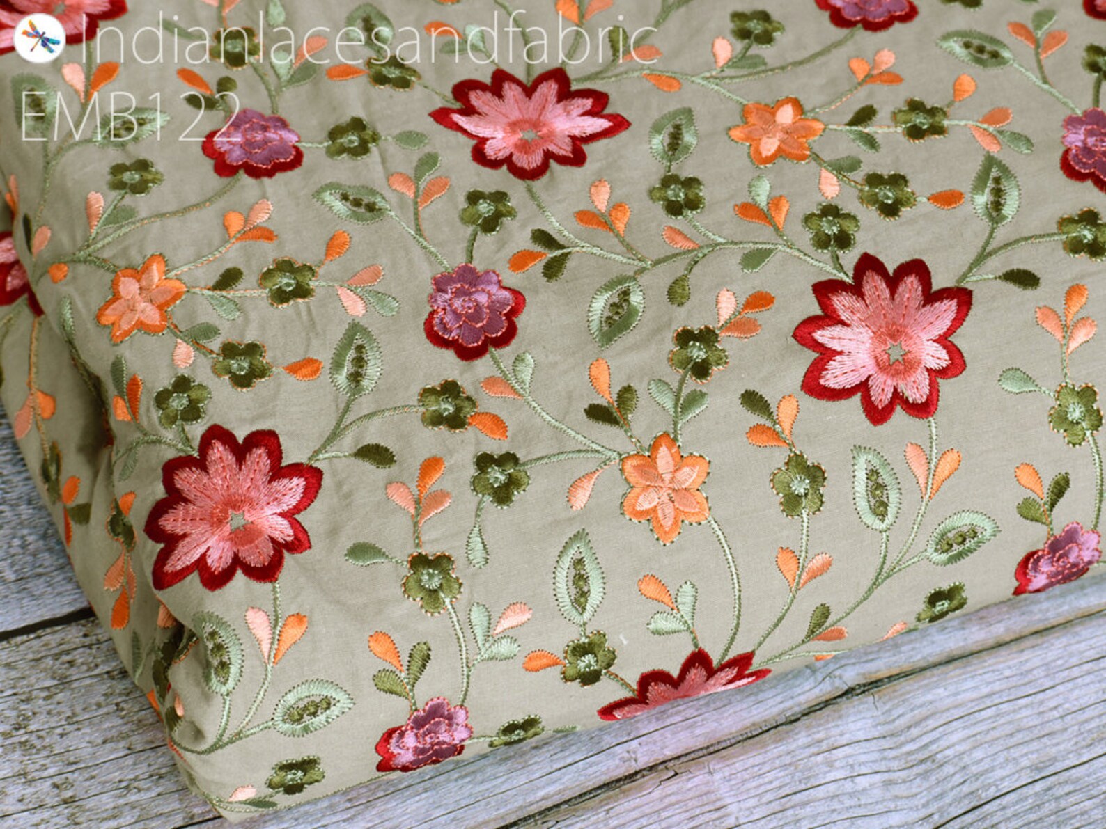 Floral Embroidered Cotton Fabric by the Yard Indian Embroidery - Etsy
