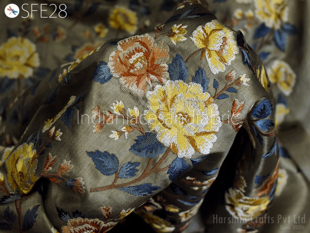 Pure Tussar Silk Embroidered Fabric by the Yard Indian Embroidery Raw ...
