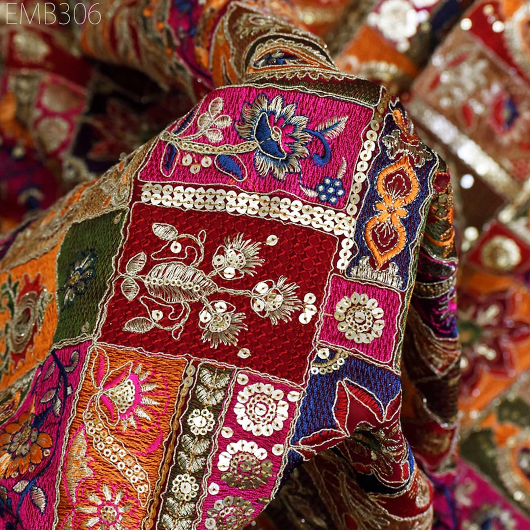 Maroon Indian Embroidered Fabric by the Yard Georgette Embroidery ...