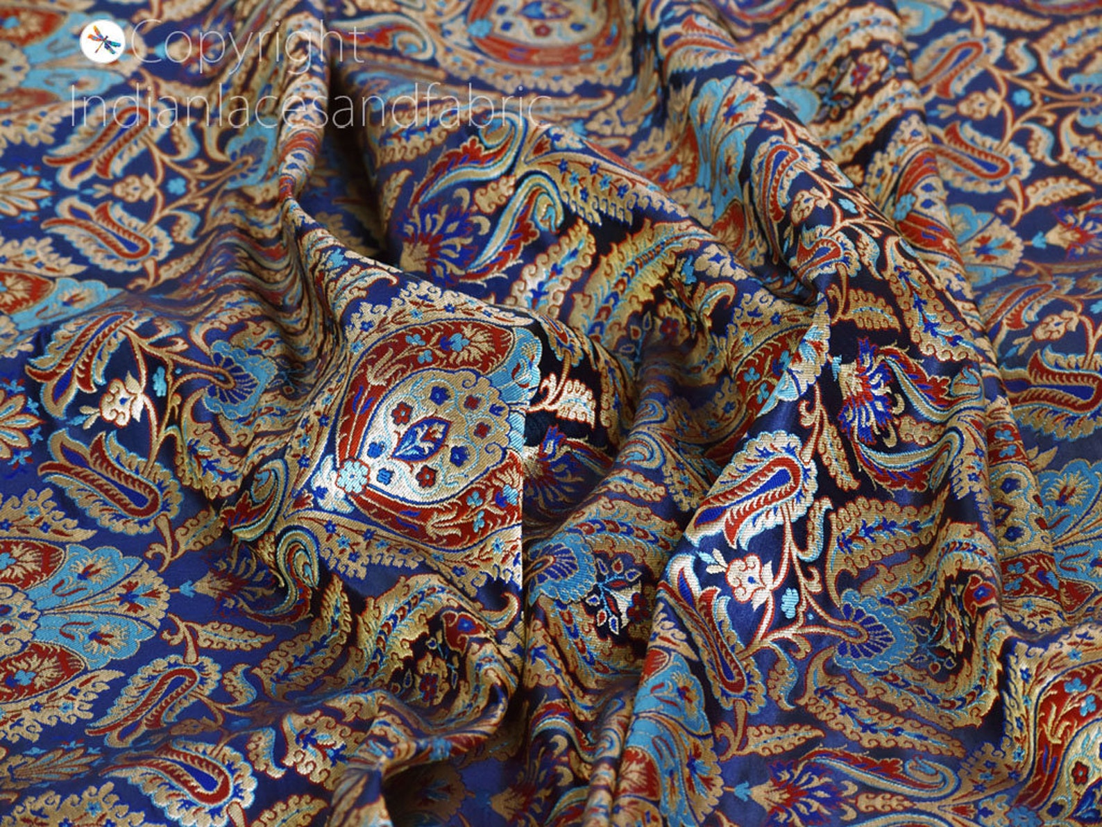 Navy Blue Brocade Fabric by Yard Banarasi Indian Bridal - Etsy
