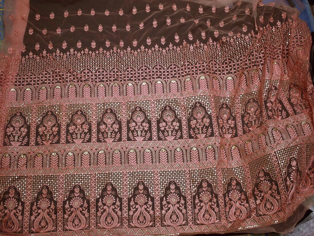 Peach Sequin Net Embroidery Fabric Indian Saree Embroidered | Etsy