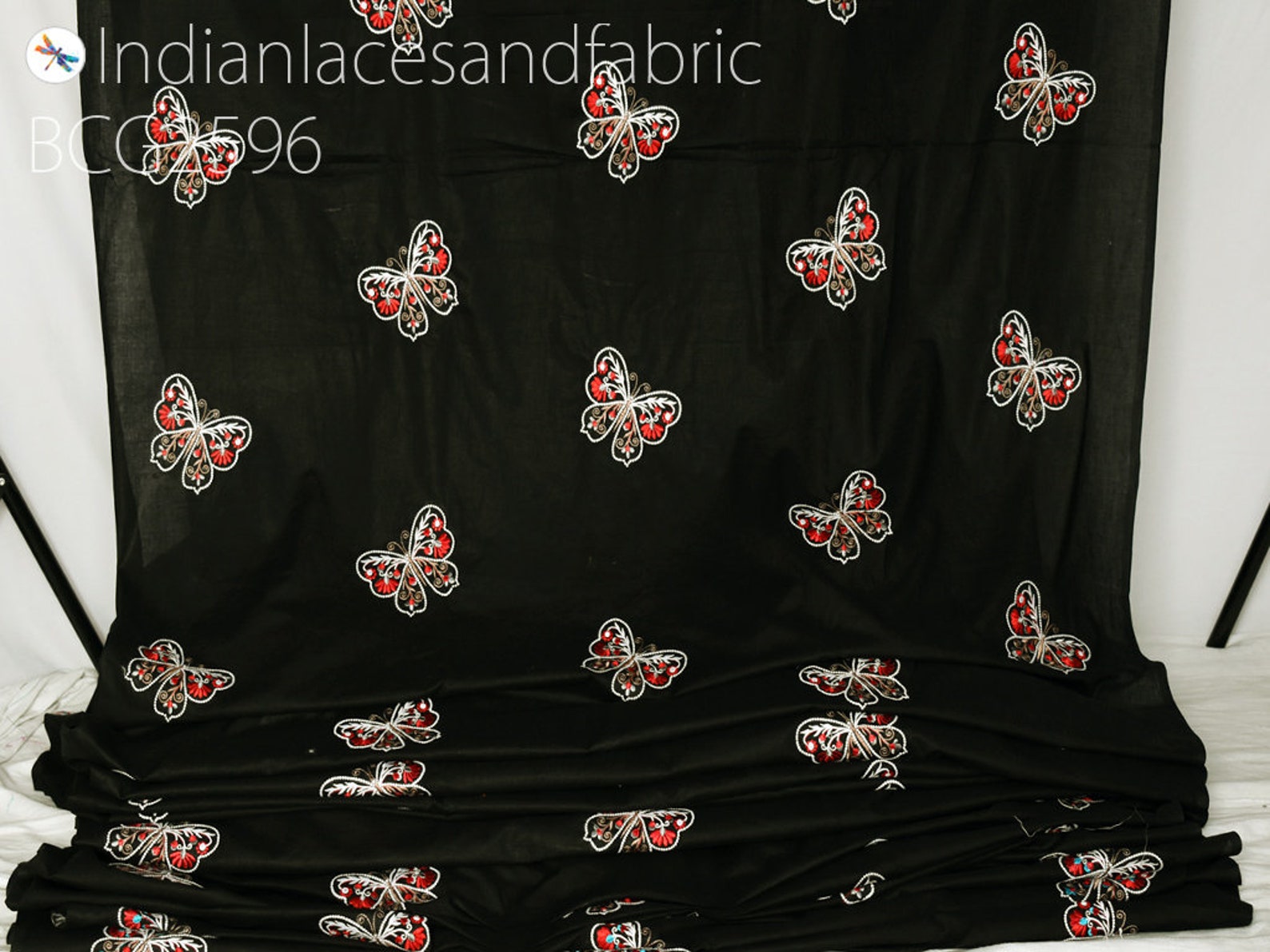 Black Indian Embroidered Cotton Fabric by the Yard Embroidery - Etsy