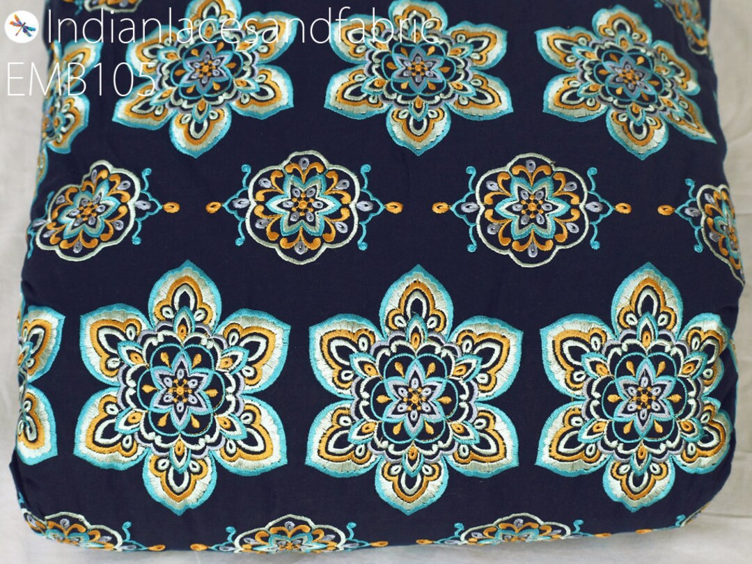 Navy Blue Embroidered Cotton Fabric by Yard Indian Embroidery Sewing ...