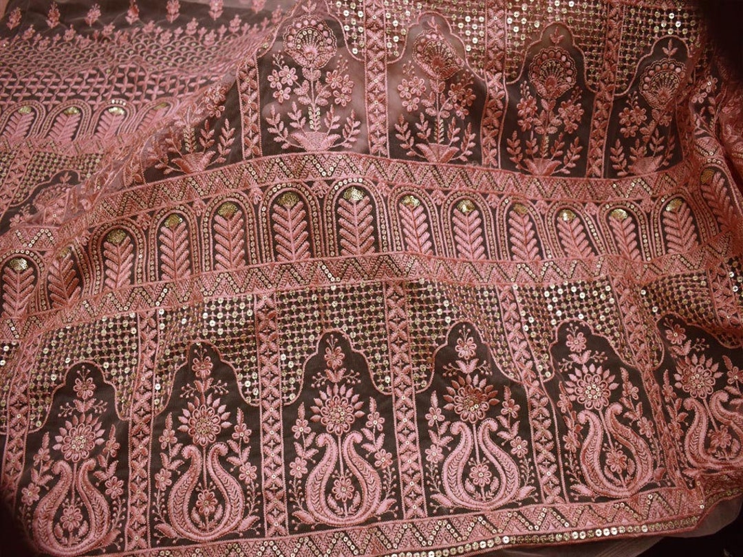 Peach Sequin Net Embroidery Fabric Indian Saree Embroidered - Etsy
